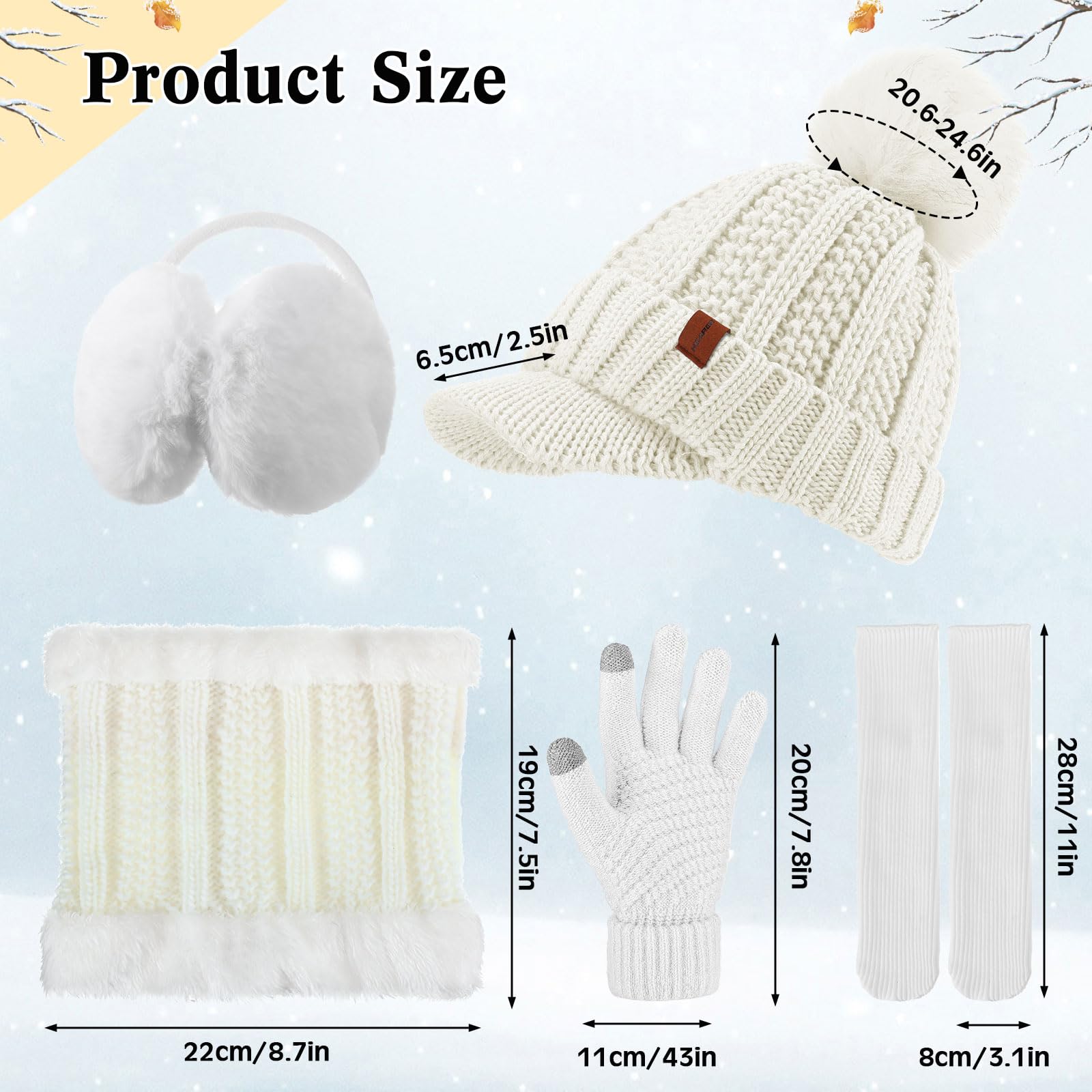 5 Pieces Women Ski Outing Set, Knit Winter Hat Scarf Gloves Earmuffs Stockings (Milk White, Simple Style)