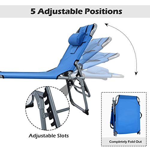 GYMAX Tanning Chair, Beach Lounge Chair with Face Hole, 5 Level Adjustable Backrest, Removable Pillow & Carry Handle, Adult Layout Sunbathing Chair for Outside Beach Poolside Lawn Patio (1, Blue)