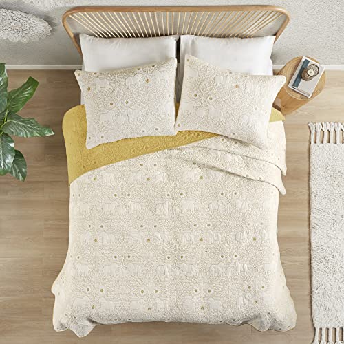 Ink+Ivy Kandula King/Cal King Size Quilt Bedding Set - Mustard Yellow , Quilted Floral, Elephants – 3 Piece Bedding Quilt Coverlets – 100% Cotton Percale Bed Quilts Quilted Coverlet