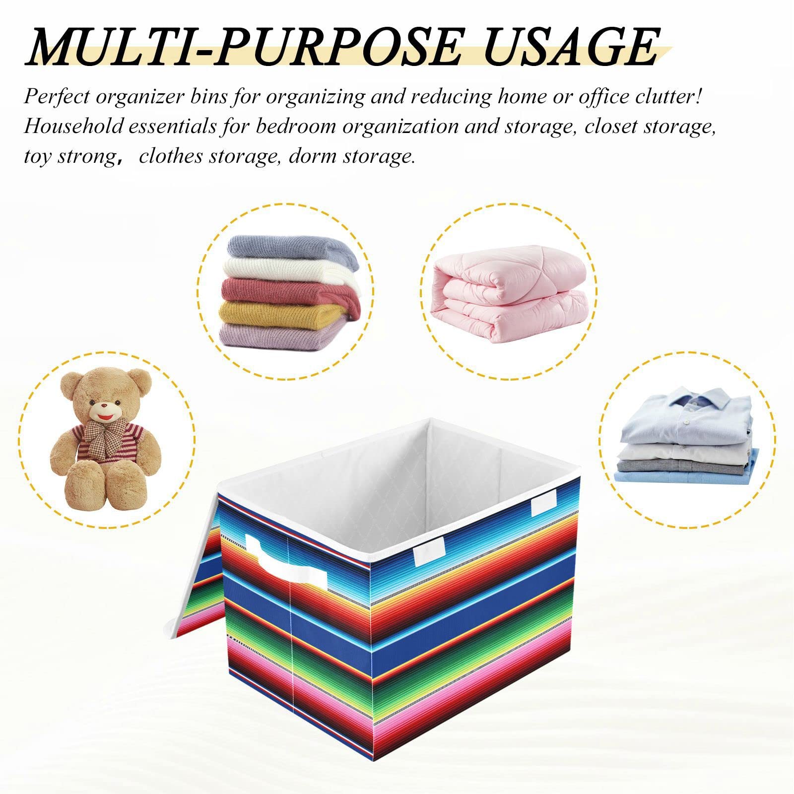 Moudou Mexican Serape Blanket Stripes Storage Basket with Lid, Large Collapsible Cube Storage Bin for Closet, Office, Nursery, Home Decor, 16.5 x 12.6 x 11.8 Inch