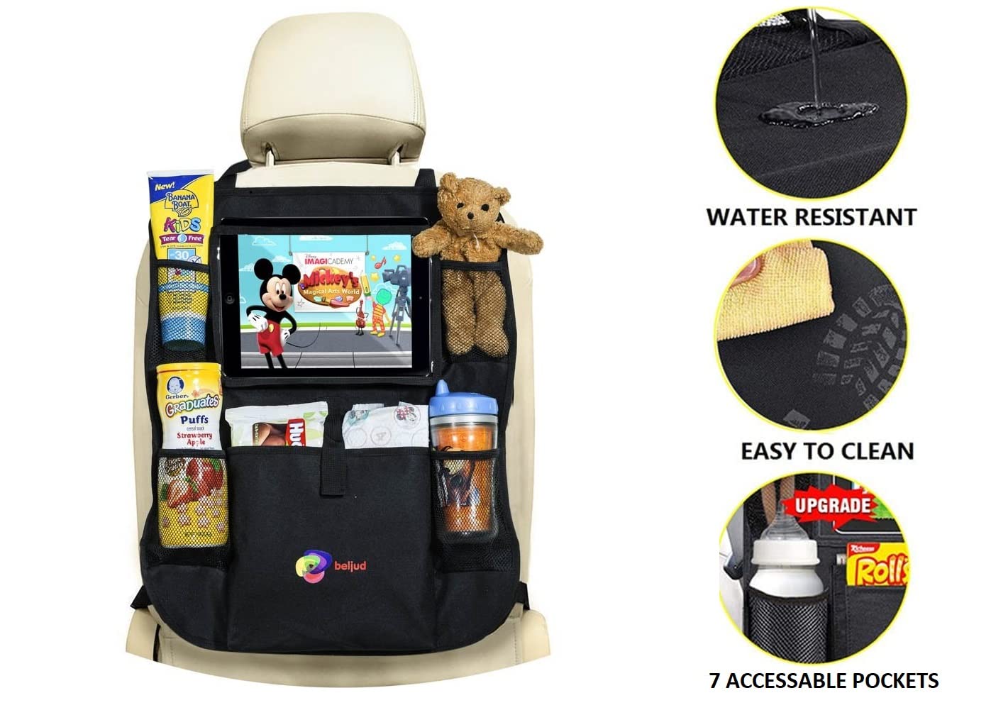 Durable Backseat Car Organizer- Kick Mats Back Seat Protector- Heavy Duty Car Organizer for Kids with Touchable Tablet Holder and Extra Storage Pockets, Car Travel Accessories, Perfect for Travel, Car