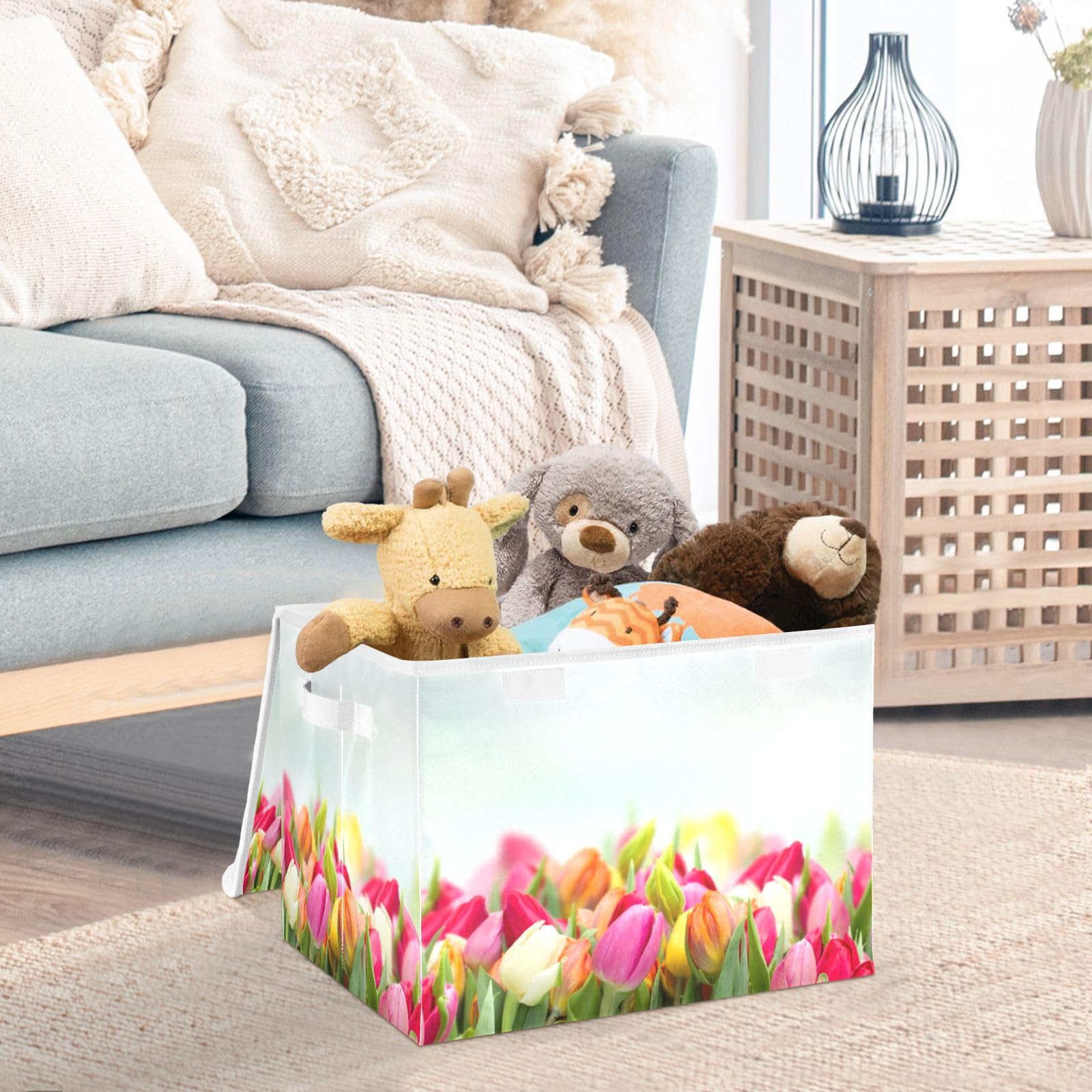 VIGTRO Tulips Flowers Garden Storage Bins with Lids Foldable Storage Boxes with 2 Handles, Summer Decorative Storage Basket Collapsible for Clothes Books