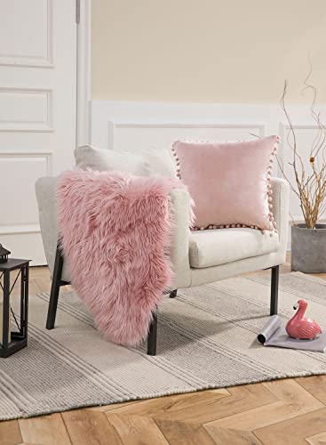 Ashler Home Deco Soft Faux Sheepskin Fur Rug Pink Fluffy Area Rug & Throw Pillow Covers with Pom