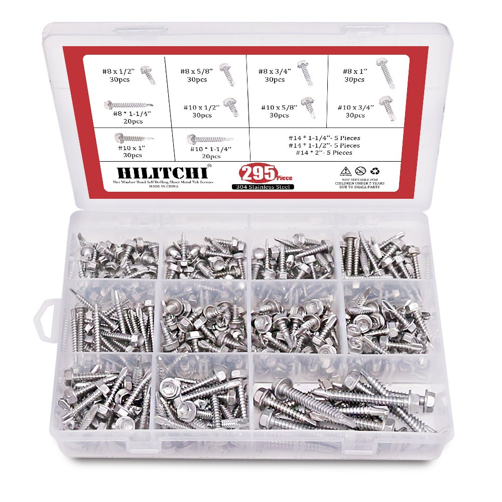 Hilitchi 295 Pieces #8 / #10 / #14 Stainless Hex Washer Head Self Drilling Sheet Metal Tek Screws with Drill Point (1/2'' to 2'' Size Inside Plastic Box)
