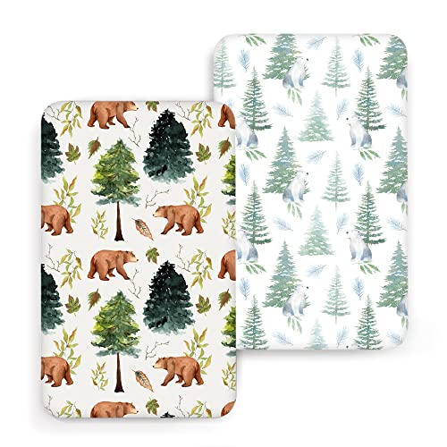 ACRABROS Crib Sheets for Girl Boy: Stretchy Baby Fitted Crib Mattress Sheets Sets 2 Pack Standard Size Ultra Soft Neutral, Bears &Forest