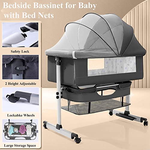 Kaptin Baby Bassinet Bedside Crib, Bedside Sleeper for Baby, Heigt Adjustable Crib with Wheels, Easy Folding Portable Baby Cradle with Large Storage Basket, for Infant/Baby/New Born (Grey)