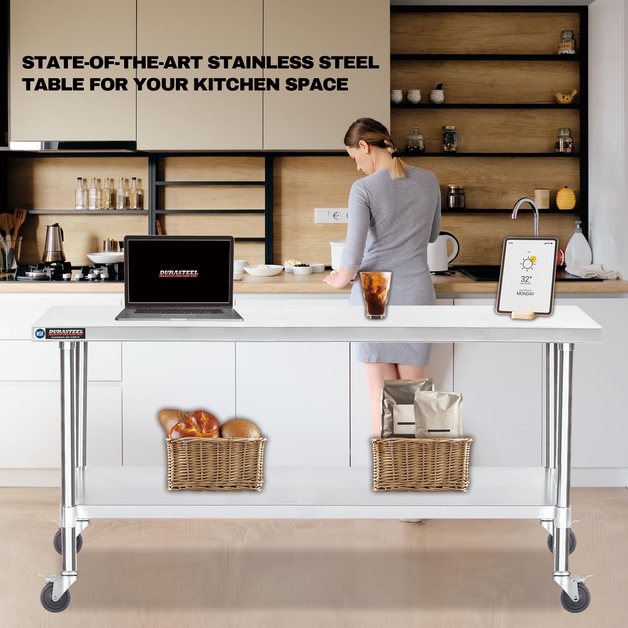 DuraSteel Food Prep Stainless Steel Table - 30 x 72 Inch Metal Table Cart - Commercial Workbench with Caster Wheel - NSF Certified - For Restaurant, Warehouse, Home, Kitchen, Garage,Silver