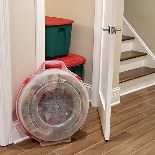 HOMZ Set of 3 Holiday Wreath Plastic Storage Containers, Holds Up to 24β Diameter, Secure Latching Lid and Easy Grip Handle, Stackable and Nestable, Red/Clear