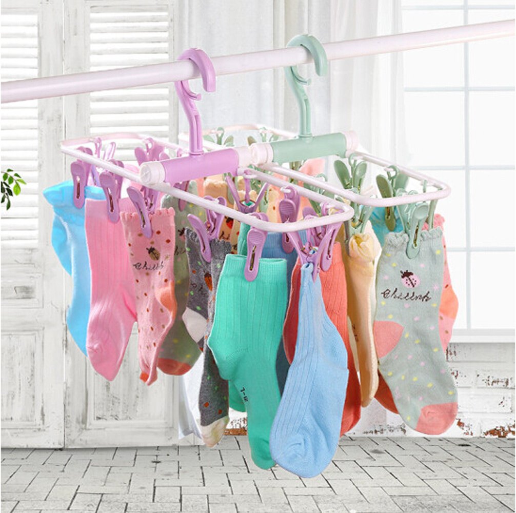 Inoutdoorkit Folding Travel Clip & Drip Hangers, Portable Plastic Clothes Underwear Socks Laundry Drying Hanger Rack With 12 Clips For Home Or Outdoor FPH12 (Light Purple)