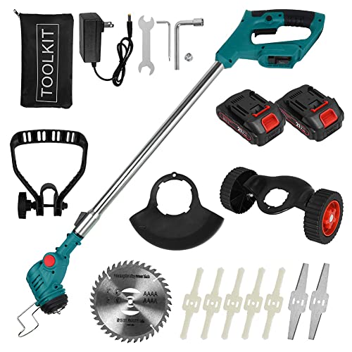Cordless String Trimmer, 21V Grass Trimmer with Wheels, Edger Lawn Tool,Electric Weed Lawn Eater Edger Grass String Trimmer Cutter Portable with 2 Batteries (Blue)