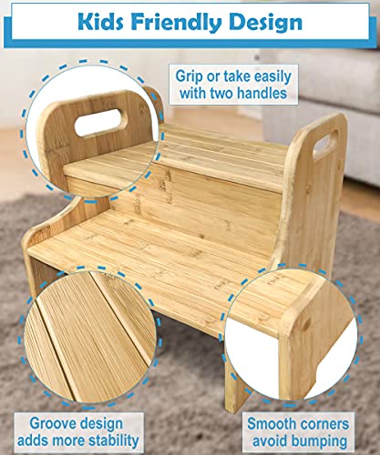 Garbuildman 2 Step Stool for Kids, Bamboo Toddler Stepping Stool with Handles for Children, Detachable Small Bathroom Toilet Potty Training & Kitchen Kid’s Learning Step Stool