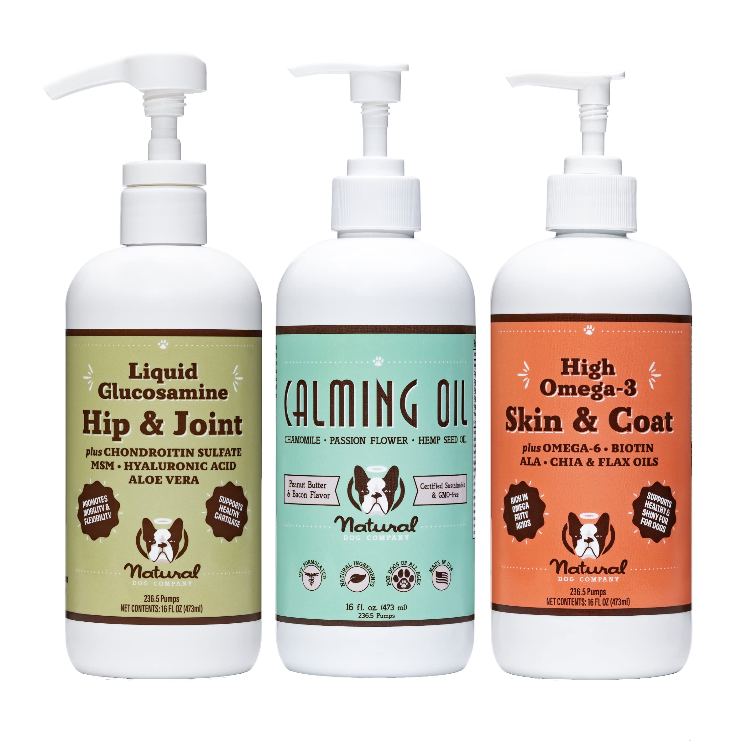 Natural Dog Company Wellness Bund$le for Dogs, Food Toppers, Liquid Supplements with (1) Skin & Coat Oil, (1) Liquid Glucosamine, (1) Calming Oil