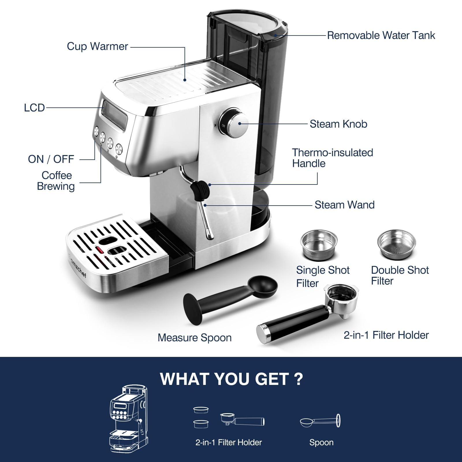 amzchef Espresso Machines 20 Bar, Espresso Maker with Milk Frother & LCD Panel, Adjustable Temp, Compact Cappuccino Machines for Home Gifts, Stainless Steel