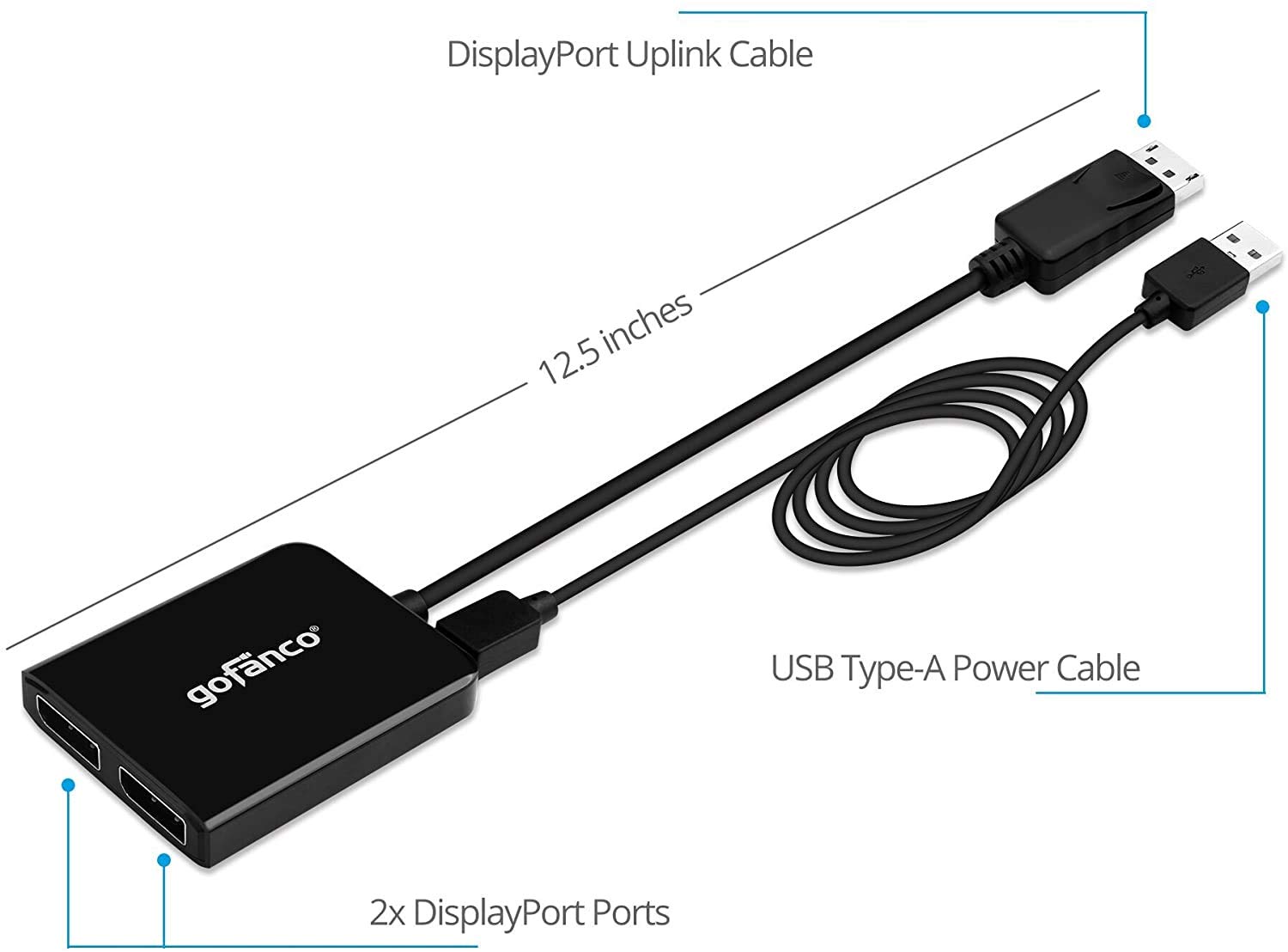 gofanco 1x2 DisplayPort 1.2 Display Splitter Adapter – DP to Dual DisplayPort MST Hub Converter, 4K @30Hz, for Windows PCs, Not Mac OS Compatible, Eyefinity Support (DPMST2DP)