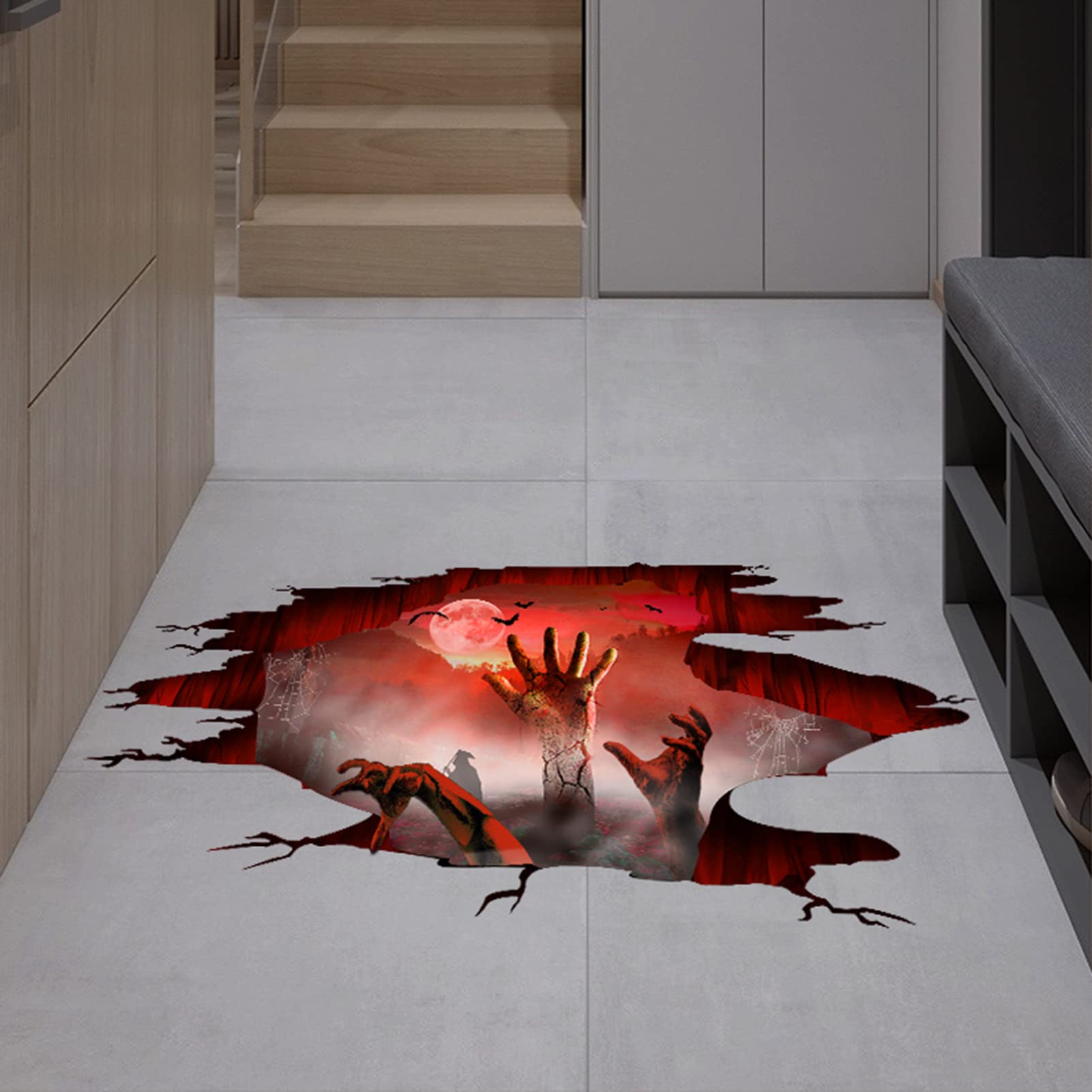 Scary Halloween Floor Wall Stickers 3D Ghost Floor Decals Art Decorations, Red Moon Cobweb Zombie Wall Floor Stickers Ghost Hands Scratching Decals for Living Room Bar Pub