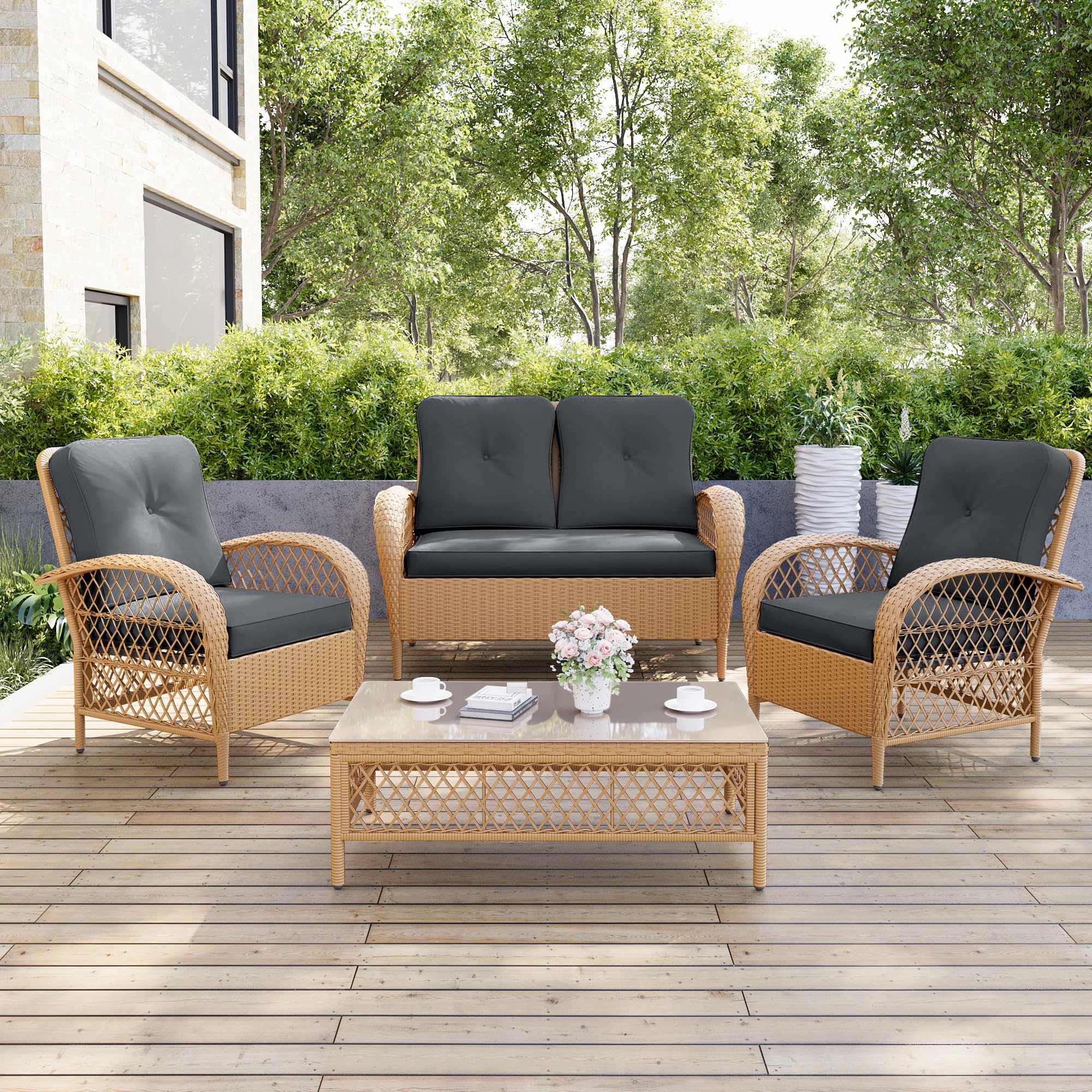 UPHA Patio Outdoor Furniture Set, Beige PE Rattan Patio Conversation Sets, 4 Pieces Wicker Patio Set with Loveseat, 2 Chairs, Coffee Table and Cushions for Backyard, Porch,Darkgrey