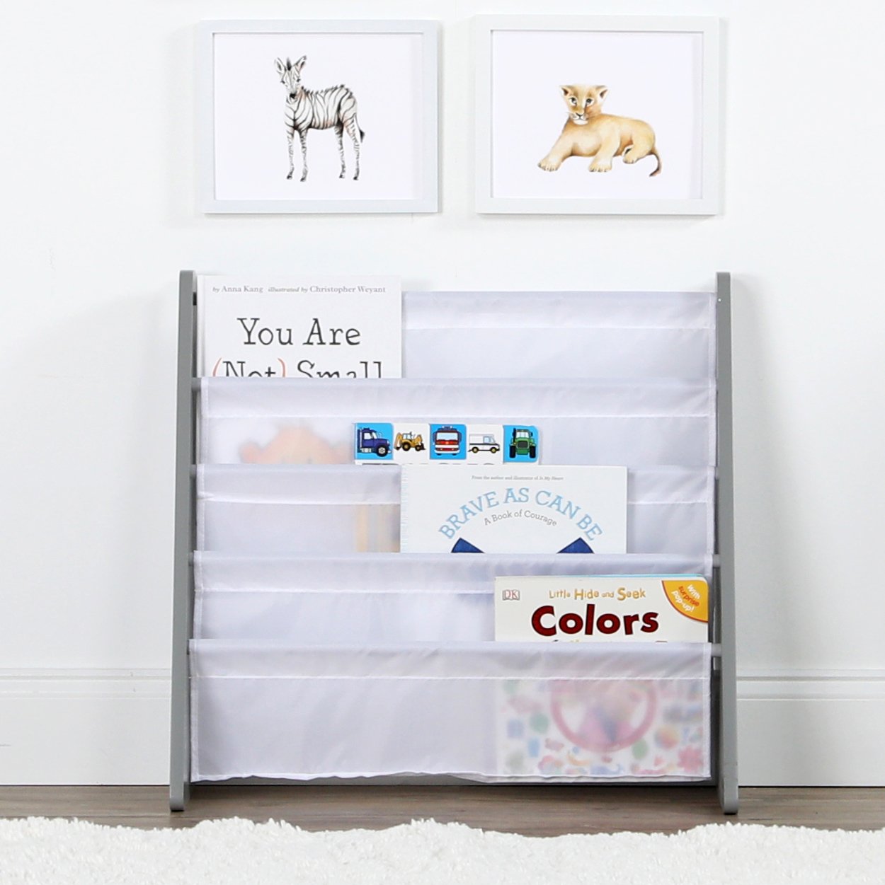 Humble Crew Kids Toy Organizer with 9 Storage Fabric Bins, Grey & Grey/White Kids Book Rack Storage Bookshelf, 4 Tiers