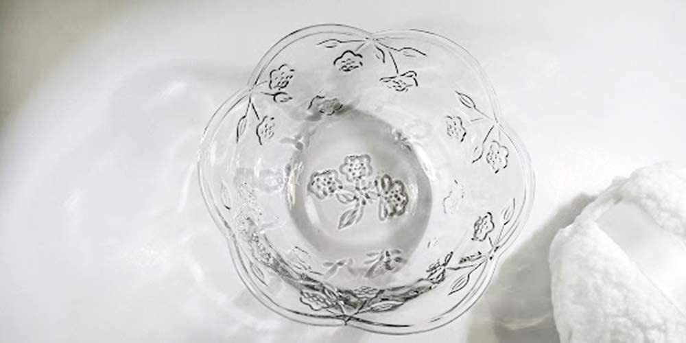 Fancy Molded Glass Dish and Medium Fleece Powder Puff for Dusting Powder 5 Inch Diameter