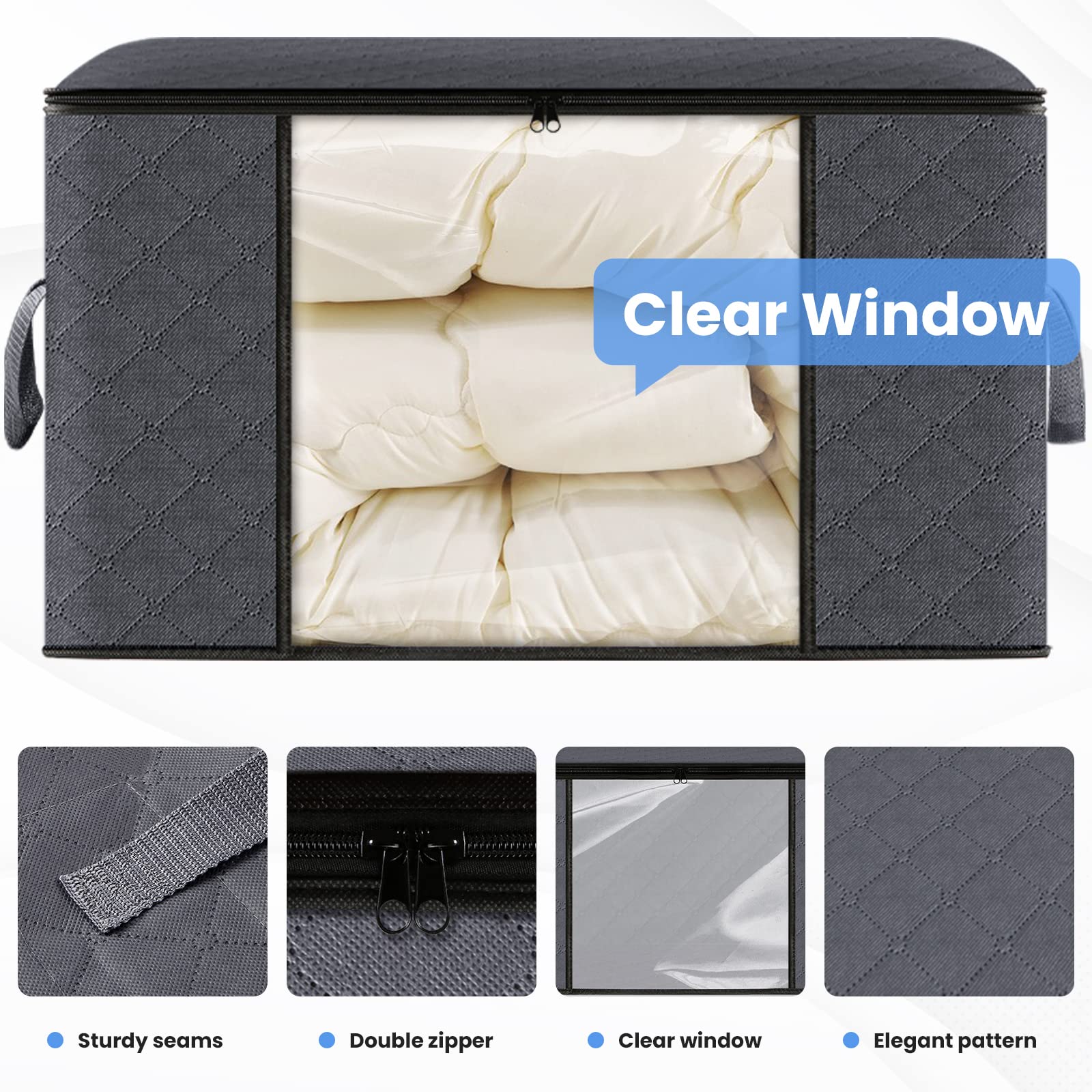 HomeHacks 3-Pack Clothes Storage,Foldable Blanket Storage Bags,Storage Containers for Organizing, Clothing, Bedroom, Comforter, Closet, Dorm, Sweater, Quilts, Organizer, Grey