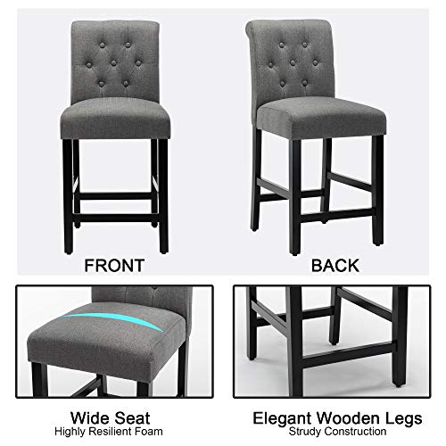 LSSBOUGHT Counter Stools,24 inches Upholstered Counter Height Chairs with Button-Tufted and Solid Wood Legs Set of 2(Gray)