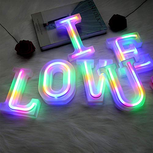 Newly Upgrade LED Neon Letter Lights Marquee Alphabet Light Up Letters with Remote Control,USB/Battery Powered Light Up Letters for Home Decoration Colourful (RC-Y)…
