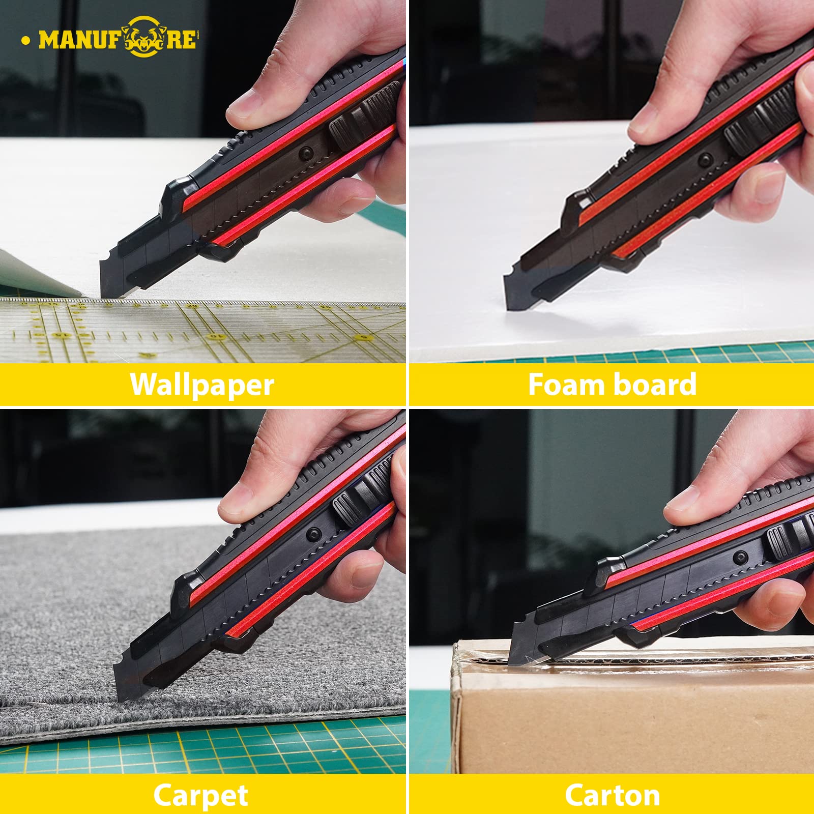 MANUFORE 18mm Utility Knife Heavy Duty Aluminum Alloy Snap-off knife with 10pcs Spare SK5 Steel Ultra Sharp Black Blade for Cutting Paper, Carpet, Cardboard Blue