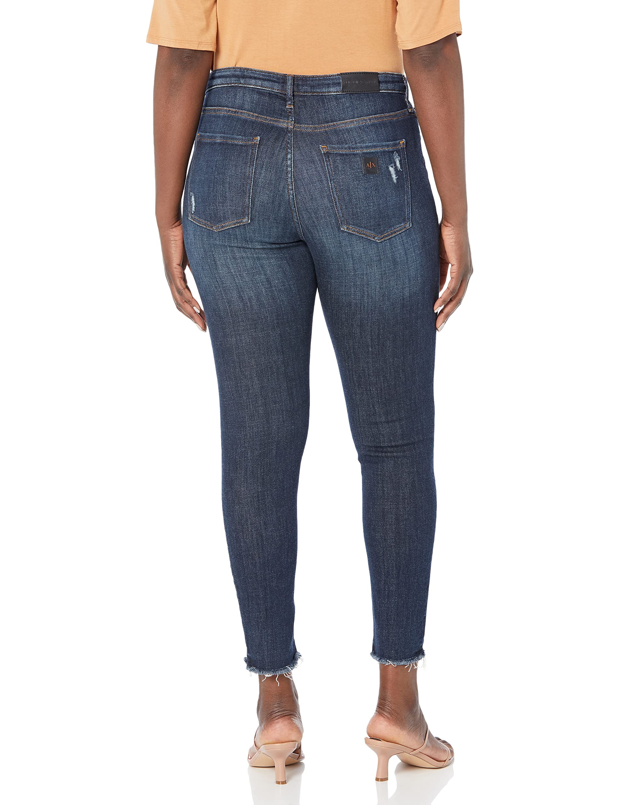 A | X ARMANI EXCHANGE Women's 5 Pocket Distressed Medium Wash Super Skinny Cropped Jeans, Indigo Denim, 31