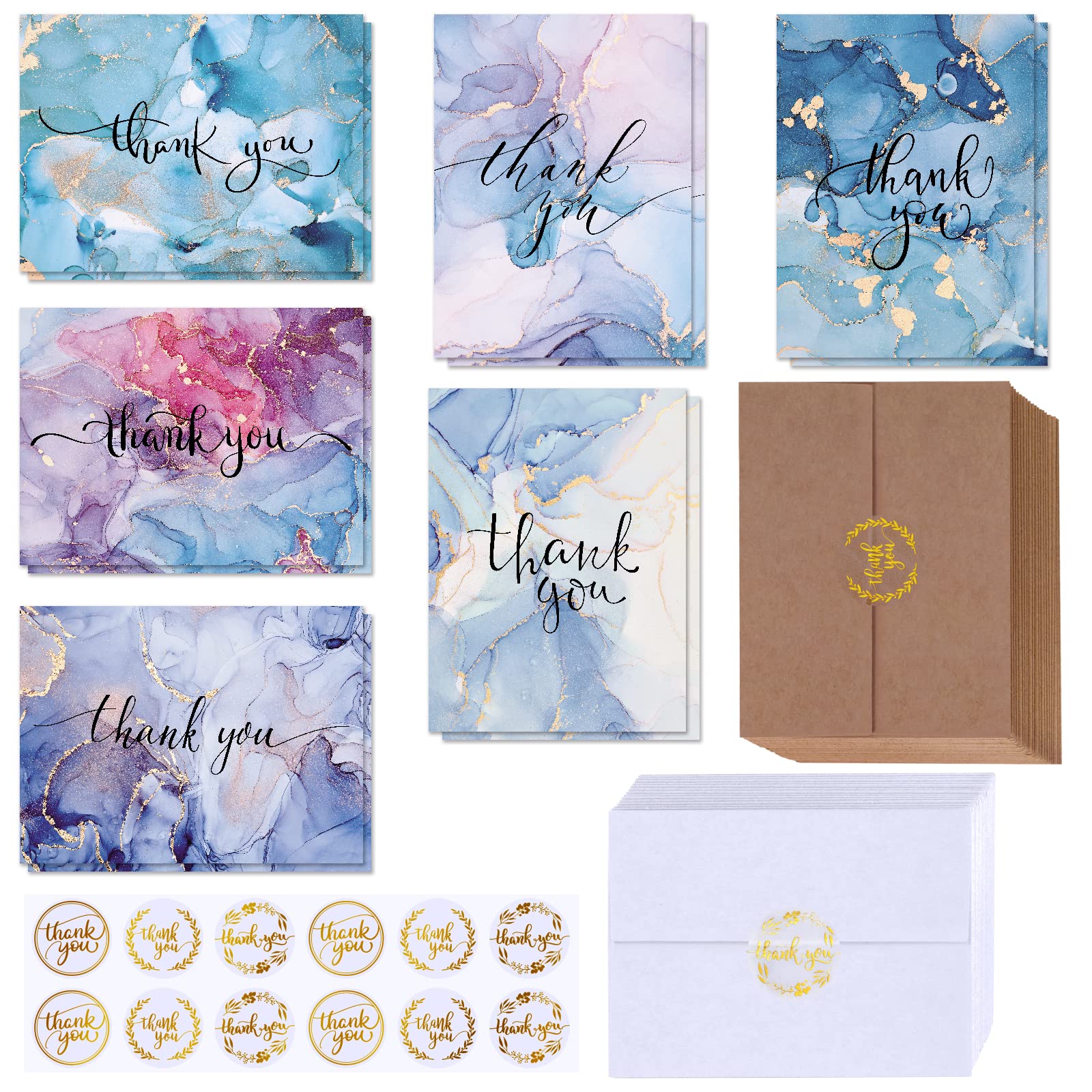 Winlyn 150 Sets Bulk Blank Thank You Cards with Envelopes Stickers Assortment 6 Designs of Watercolor Marbling Thank You Greeting Cards Note Cards for Wedding Baby Bridal Shower Birthday All Occasions