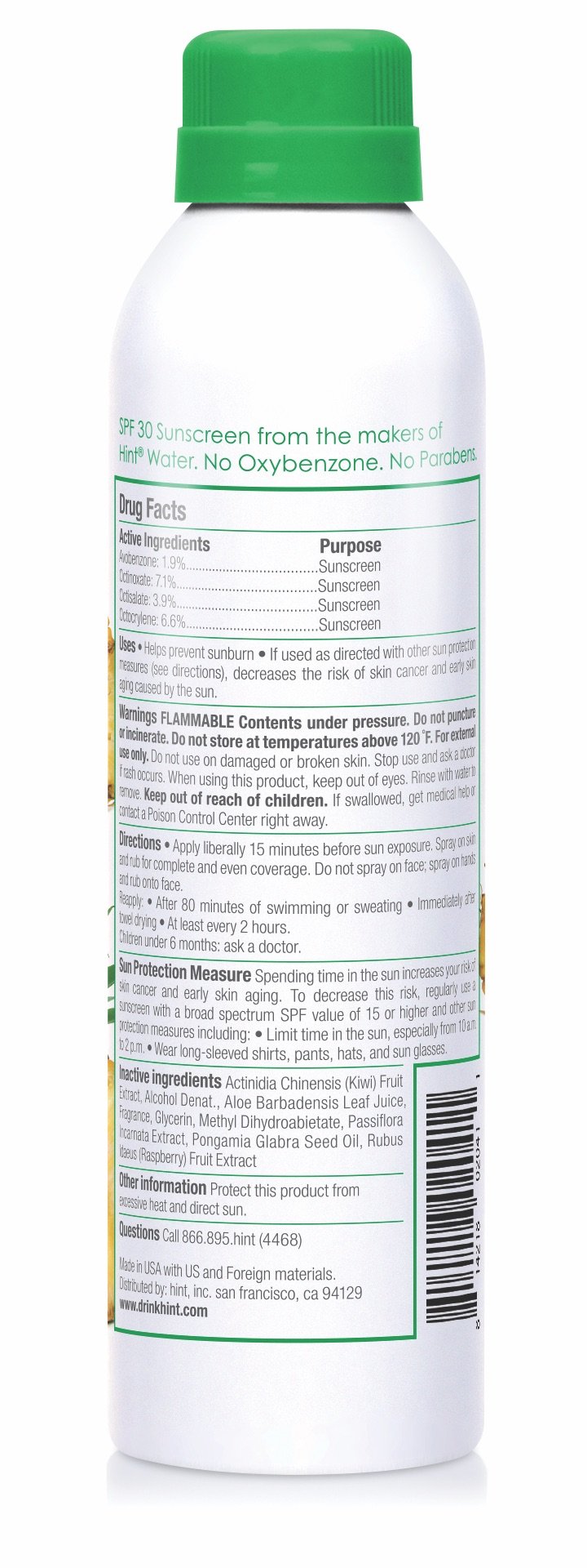 Hint Sunscreen Pineapple, SPF 30, 6 Fl Oz, Oxybenzone Free, Paraben Free, Reef Safe Formula, Compressed Air Spray-on Sunscreen, Water Resistant, Pineapple Scented