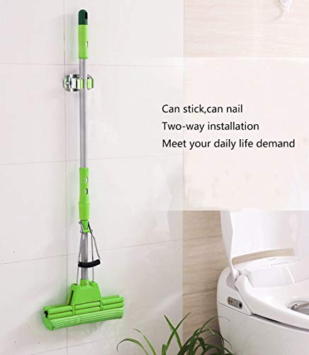 LYASI Stainless Steel Mop and Broom Holder, Dual-Purpose Wall Mounted Mop Broom Organizer with 2 Pcs 3M Self Adhesive and Double Screws,Bathroom Kitchen Organizer Rack with Spring Clip Design