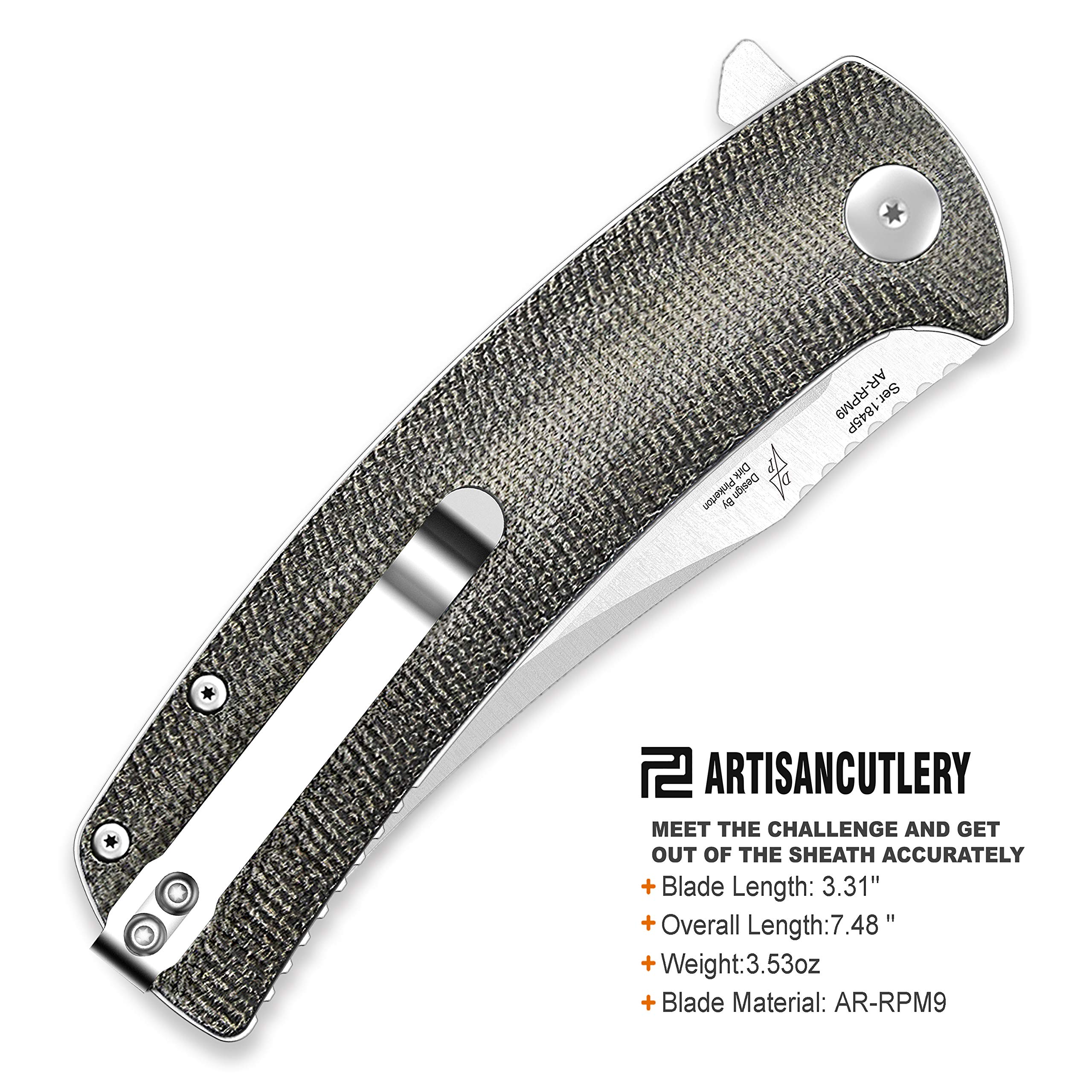 ARTISANCUTLERY Folding Knife Arroyo (ATZ-1845) AR-RPM9 Powder Steel Balde Micarta Tactical Handle Pocket Folding Knife EDC OD Green Micarta
