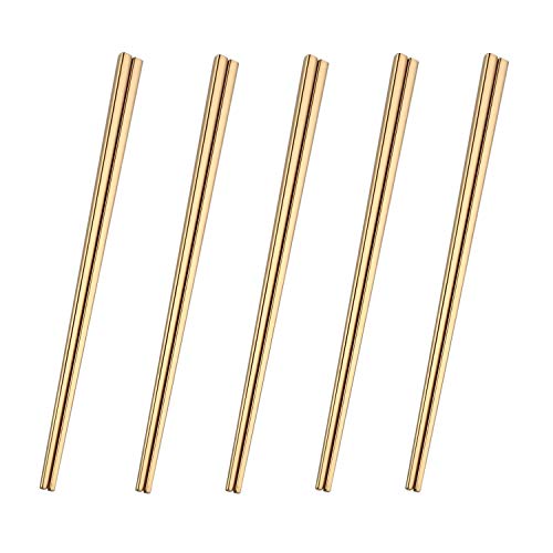 Dtdepth Stainless Steel Chopsticks - 5 Pairs Gold Reusable Dishwasher Safe Chopsticks, 304 Stainless Steel, Easy to Use (No Color Fading)