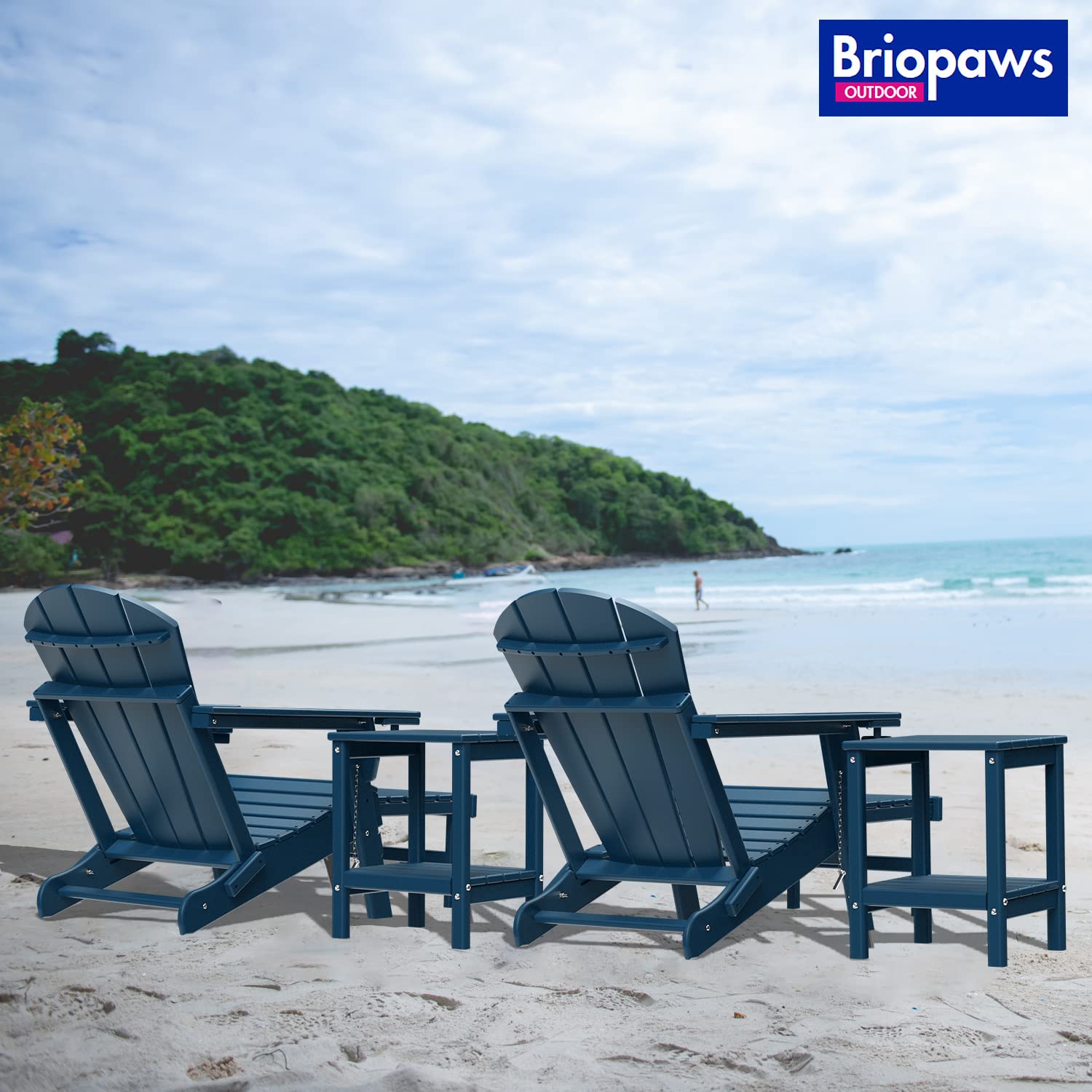 BRIOPAWS Folding Adirondack Chair with Ottoman, Weather Resistant HDPE Patio Chairs w/Cup Holders & Retractable Footrest for Poolside Lawn Fire Pit Deck Outdoor Porch Campfire, Blue, 1 Pack