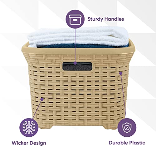 Designed Laundry Basket Plastic Storage Hamper Basket, Beige Cloths Basket Organizer with Cut-Out Handles. Space Saving for Laundry Room Bedroom Bathroom, Wicker Design 50 Liter