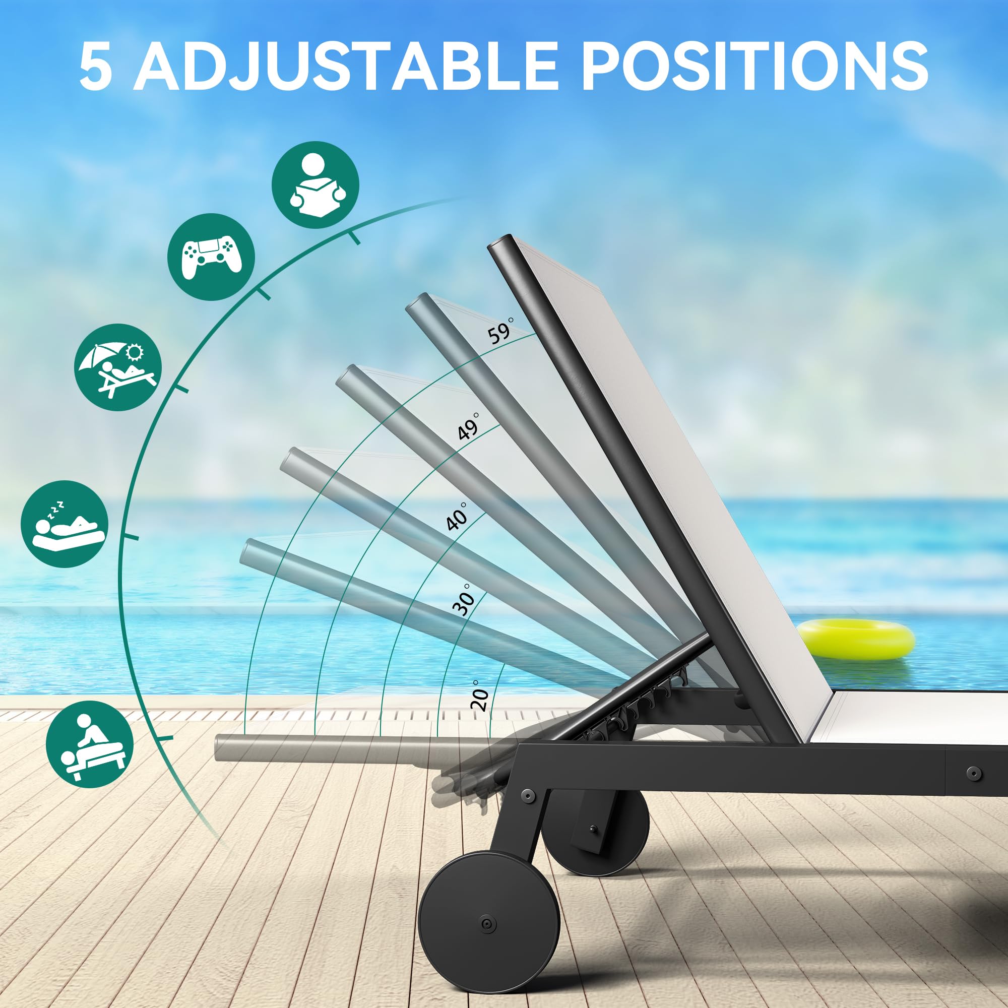 YITAHOME Outdoor Chaise Lounge Chairs Set with Side Table, Adjustable Backrest Poolside Loungers with Aluminum Frame/Textile Fabric/Wheels for Pool Beach Patio Lawn Porch (Beige)