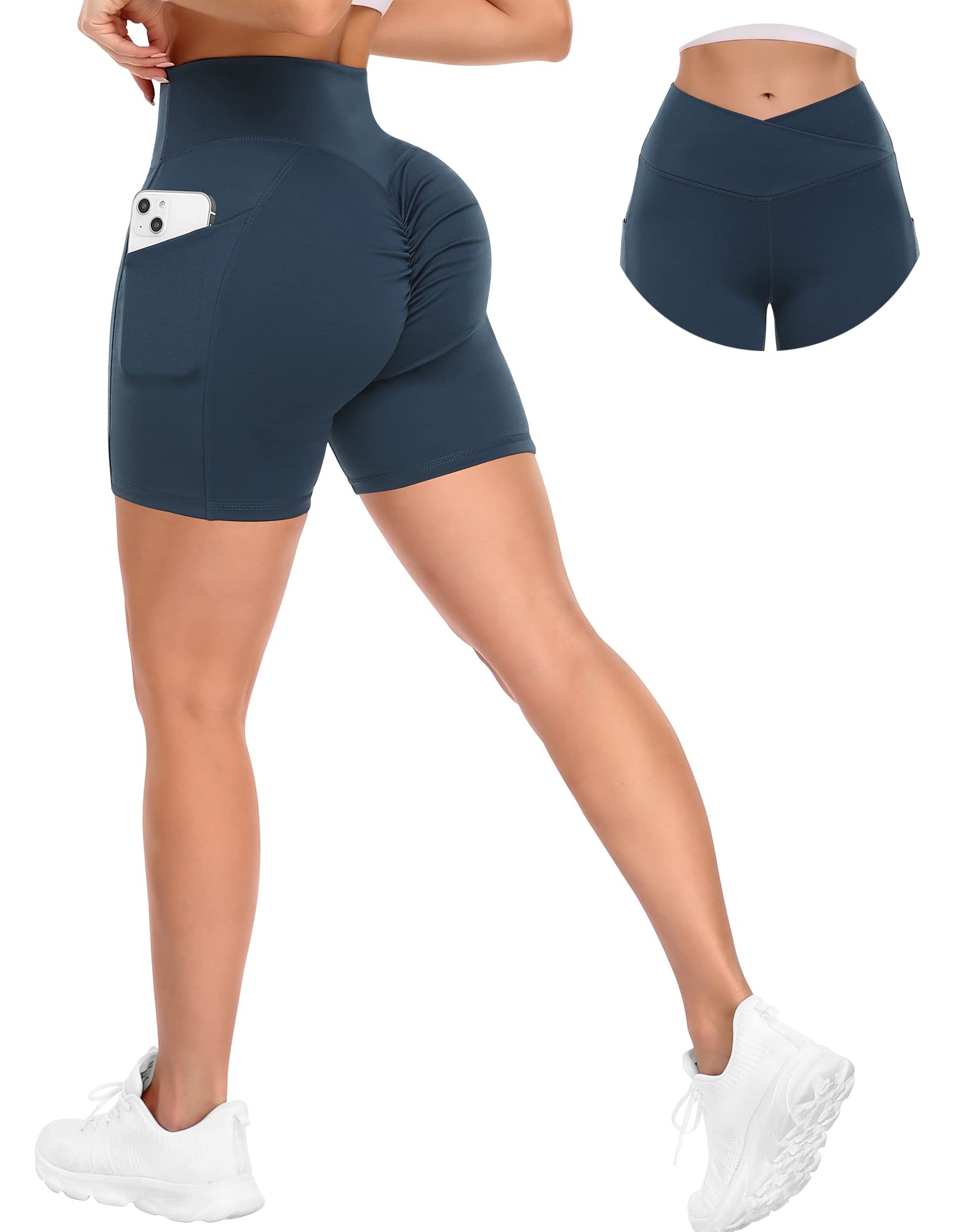 A AGROSTE Women Cross Waist Workout Shorts with Pockets 5" Scrunch Butt Lifting Shorts High Waist Booty Biker Short