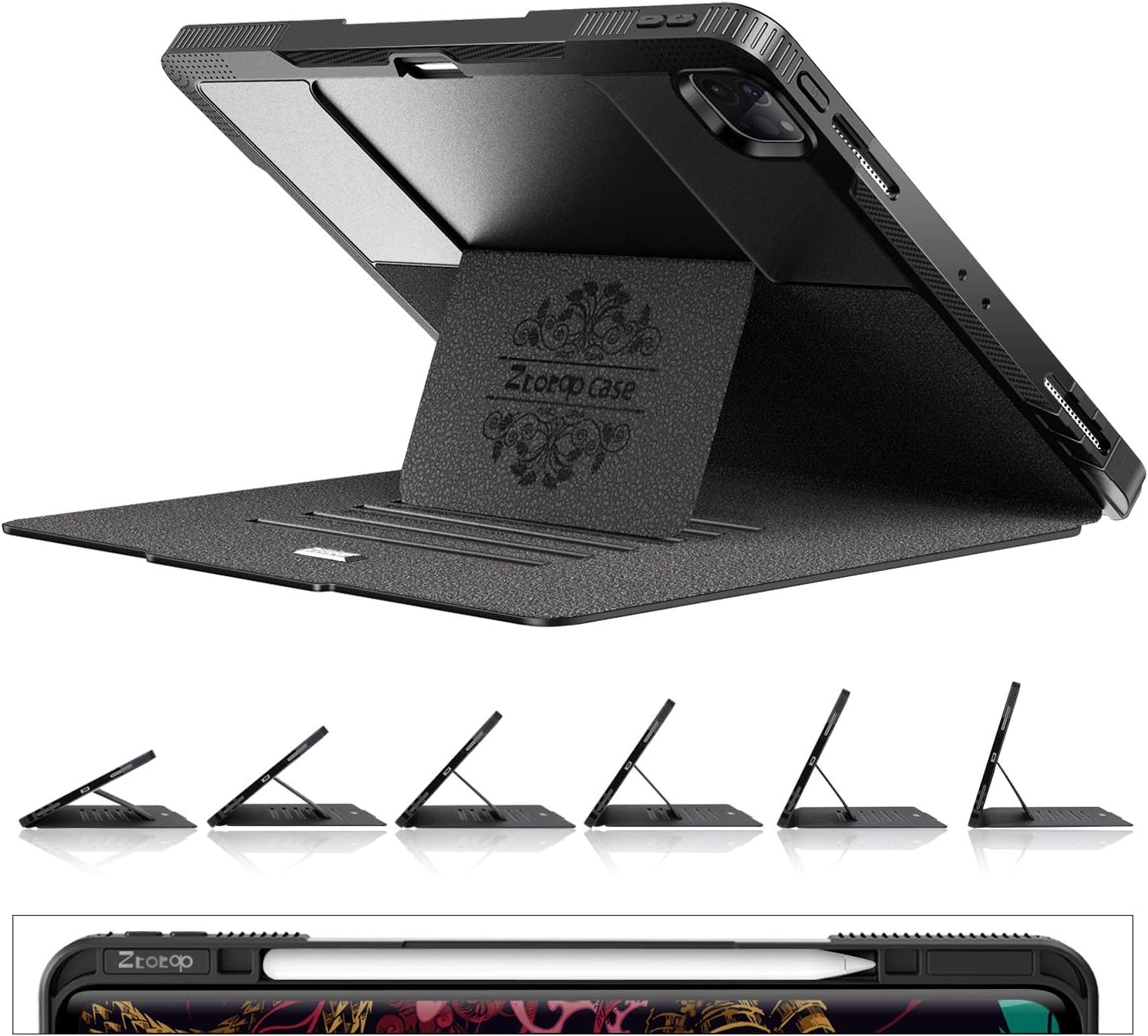 ZtotopCases for New iPad Pro 12.9 Inch 6th/5th/4th Generation 2022/2021/2020, [6 Magnetic Stand Angles] Protective Cover with Pencil Holder, Auto Wake/Sleep, Black