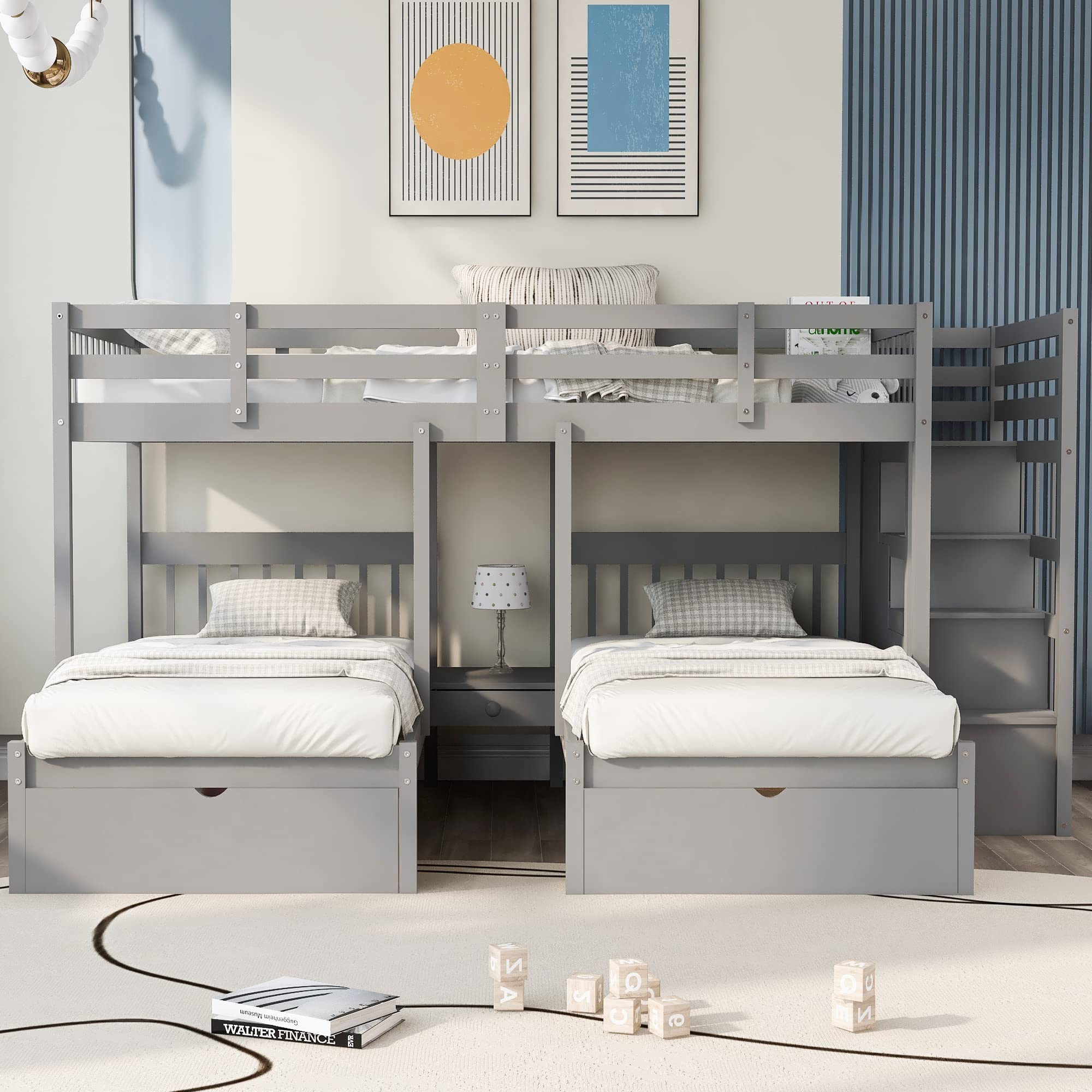 Full Over Twin & Twin Bunk Bed, Wood Triple Bunk Bed Frame with with Staircase, Drawers and Guardrails, Multi-Functional Bunk Bed for Kids, Teens, Adults (Gray*Staircase)