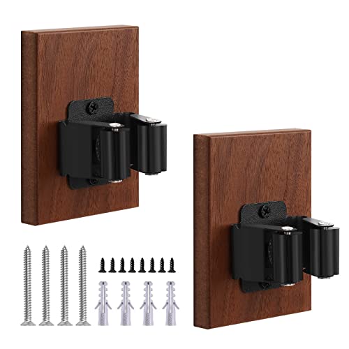 OLBET Farmhouse Mop And Broom Holder Wall Mount - Rustic Wooden Broom Organizer Wall Mount - 2 Pack - Classical Heavy Duty Storage Garden Tool Organizer Wall Hanger - Walnut Grain