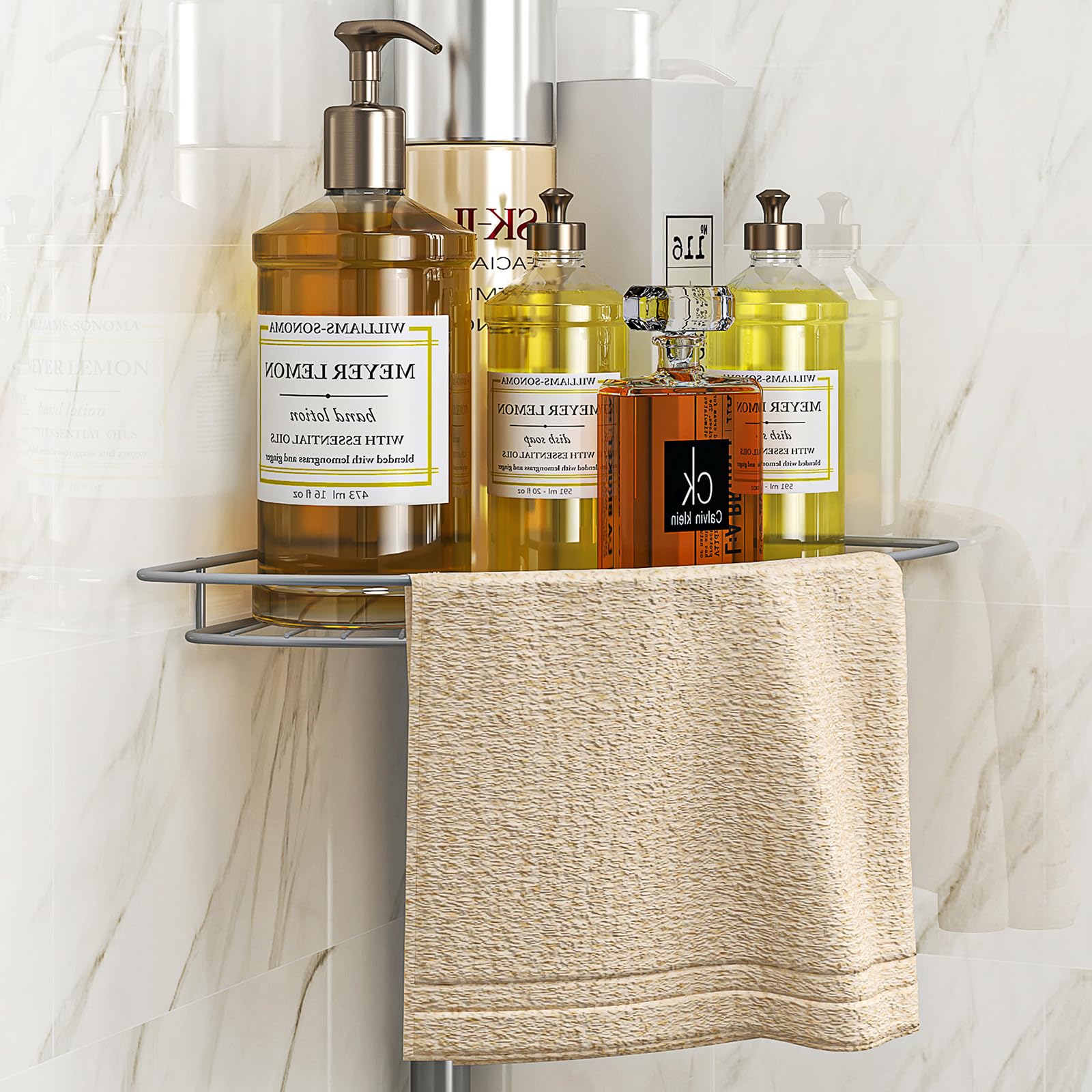 AIYAKA Tension Corner Shower Pole Caddy, Bathroom Storage Organizer, 65 to 106 inch Adjustable Height, with 2 Hooks, Silver