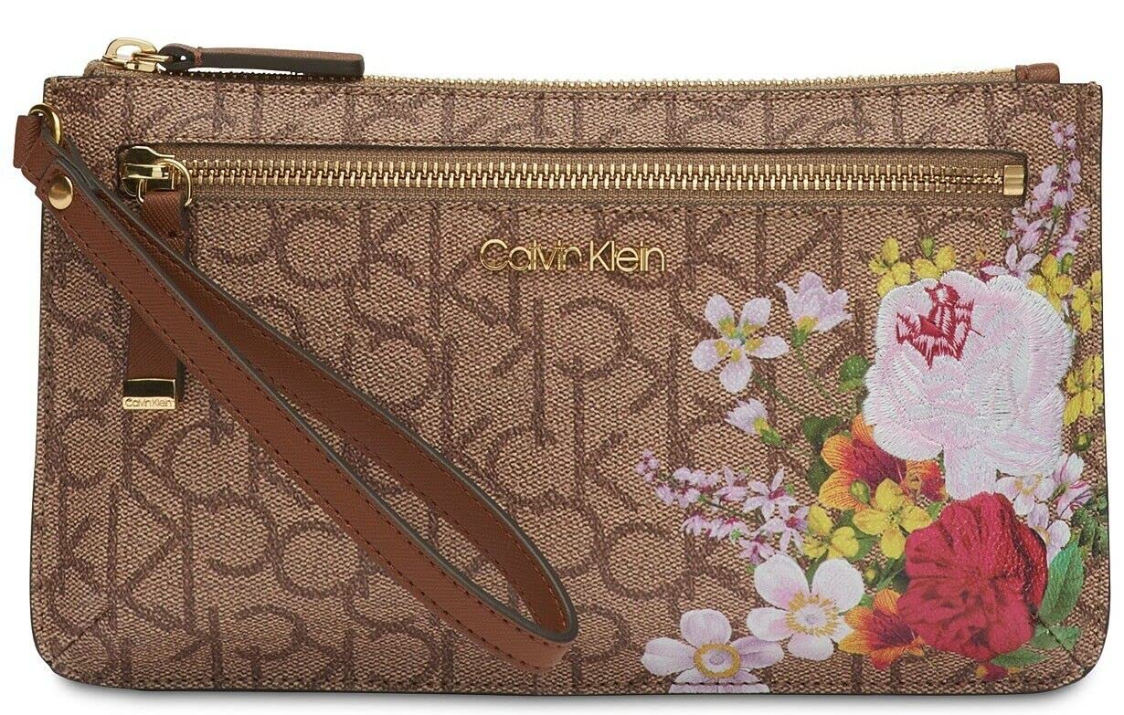 Calvin Klein CK Logo Floral Embroidered Phone Wristlet Walllet Clutch Bag