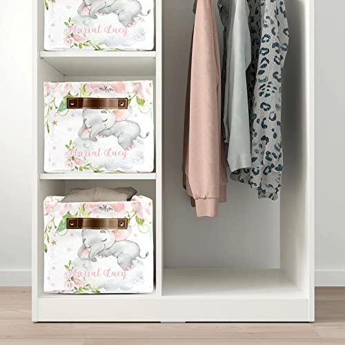 Elephant Pink Floral Custom Storage Basket ,Personalized Storage Bins Cubes Organizer with Handle for Bedroom Wardrobe,Nursery,Basket 1 Pack