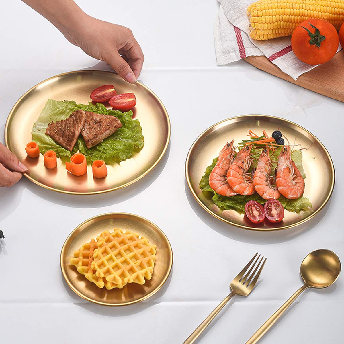 AIYoo Stainless Steel Gold Plates 2 Set Round Dinner Dishes 10 Inch Metal Plates Great for Picnic,Outdoor Camping Plate,Shatterproof & Dishwasher Safe…