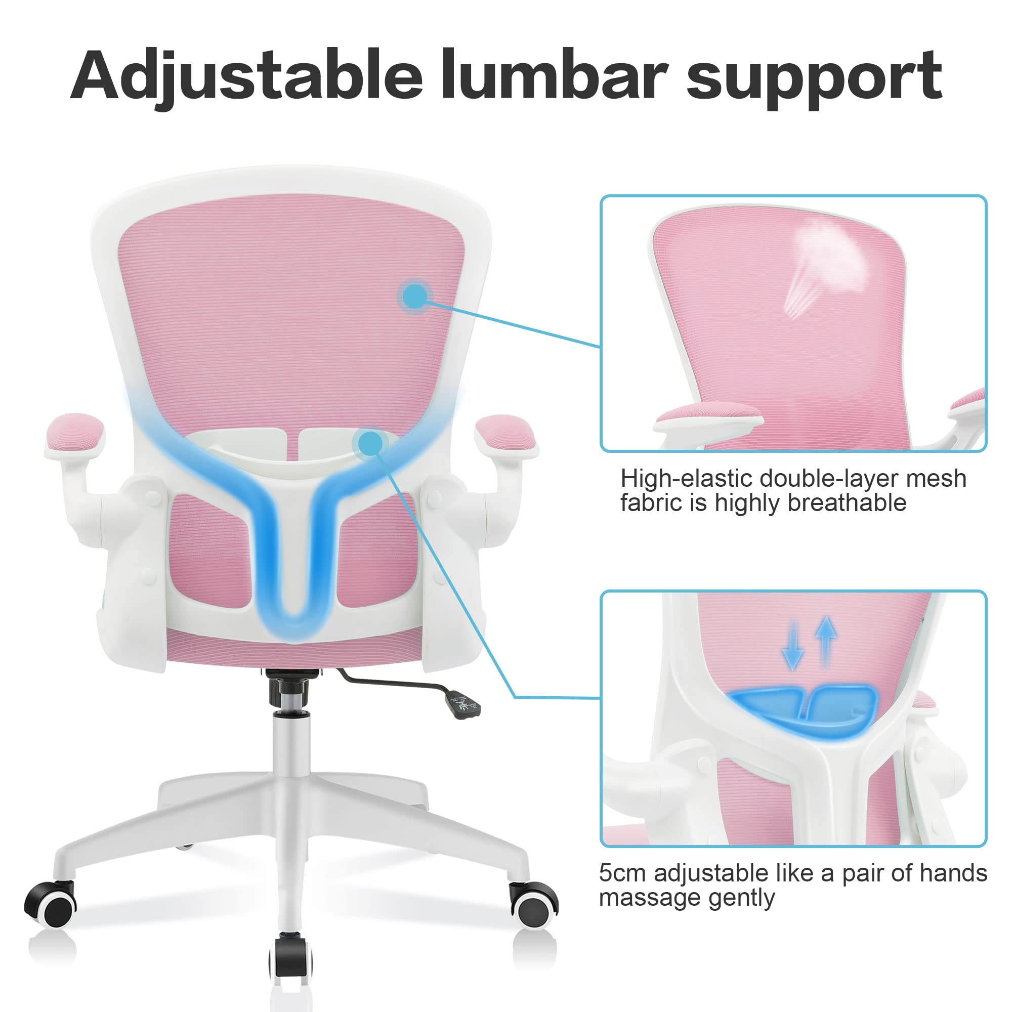 FelixKing Office Desk Chairs, Ergonomic PC Desk Chair with Wheels, Adjustable Lumbar Support and Height, Swivel Computer Chair with Flip-up Armrests, Ergo Mesh Backrest for Working (Pink)
