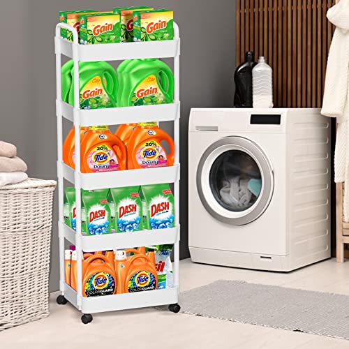 5-Tier Rolling Cart, with 360° Rolling Lockable Wheels and Handle, Multipurpose Utility Cart, Multifunctional Detachable Utility Storage Cart for Kitchen Living Room Office-White