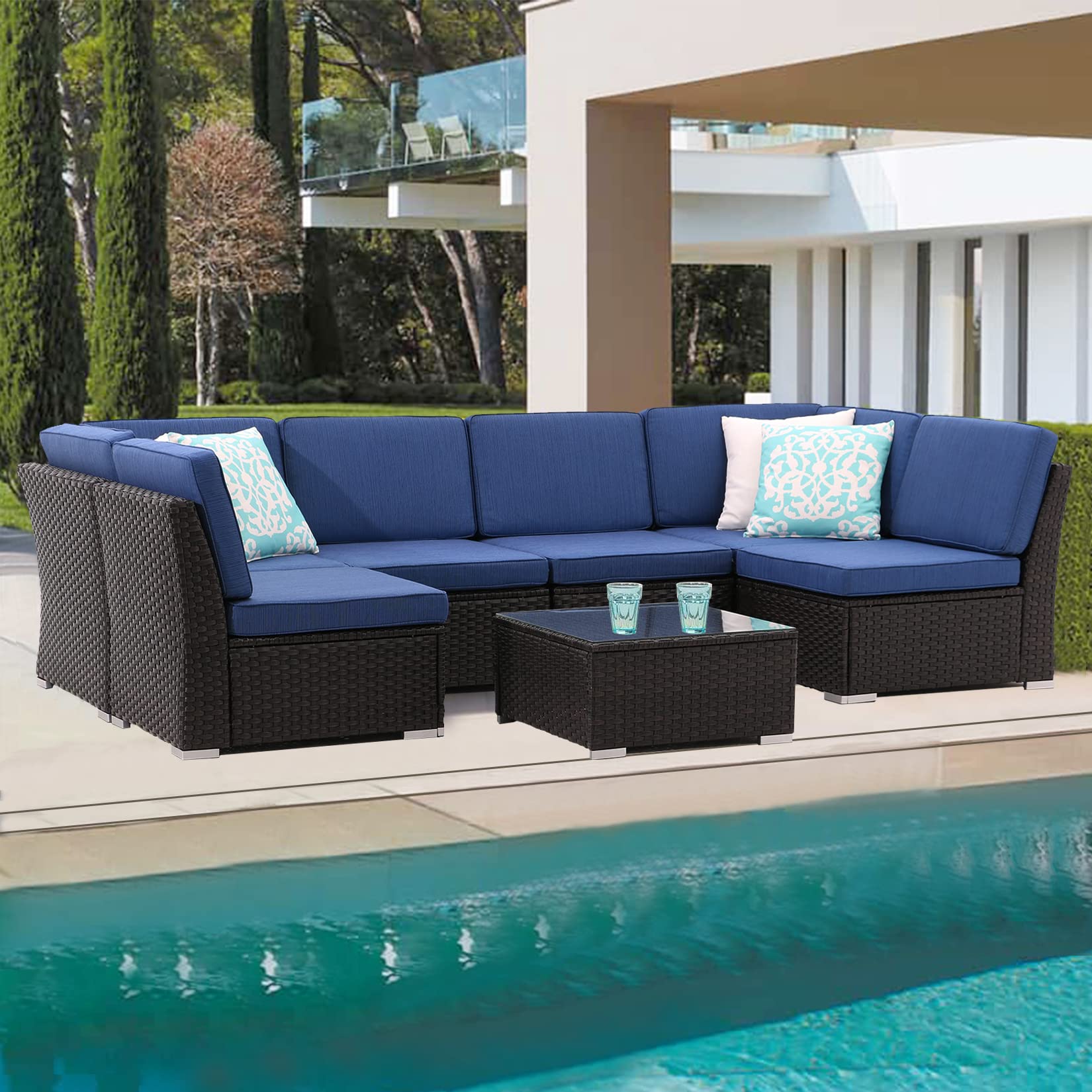 iArtHand 7PCS Patio Sofa Set with Coffee Table Patio Conversation Set Outdoor Sectional Sofa PE Rattan Set Outdoor Furniture Sets All Weather with Thickened Cushion, Manual Weaving