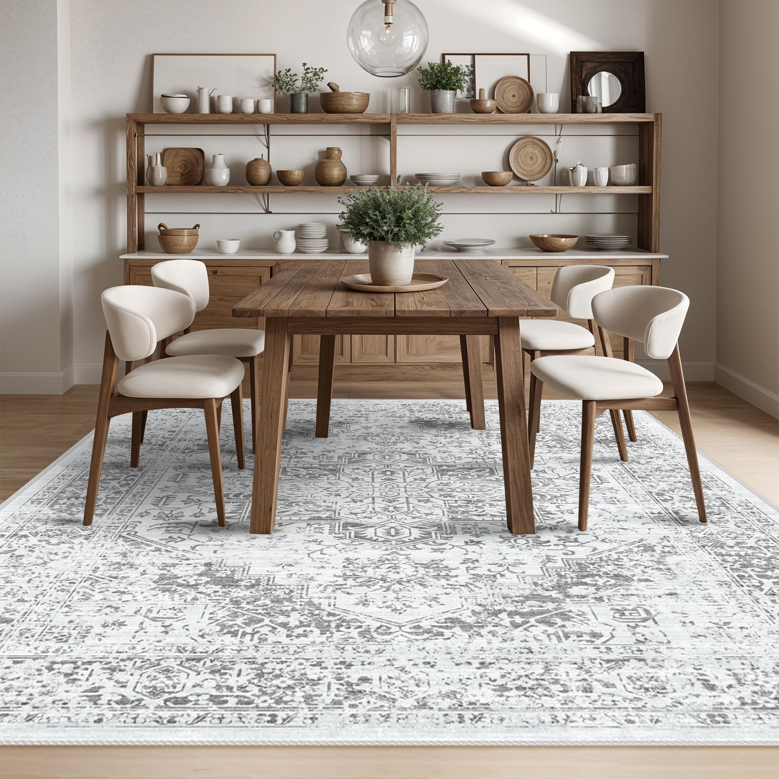 9x12 Washable Distressed Area Rugs - Living Room Bedroom Low Pile Rugs for Vintage: Boho Oriental Non Slip Bedroom Dining Room Thin Ultra Soft Room Decor Muted Laundry Carpets Light Grey