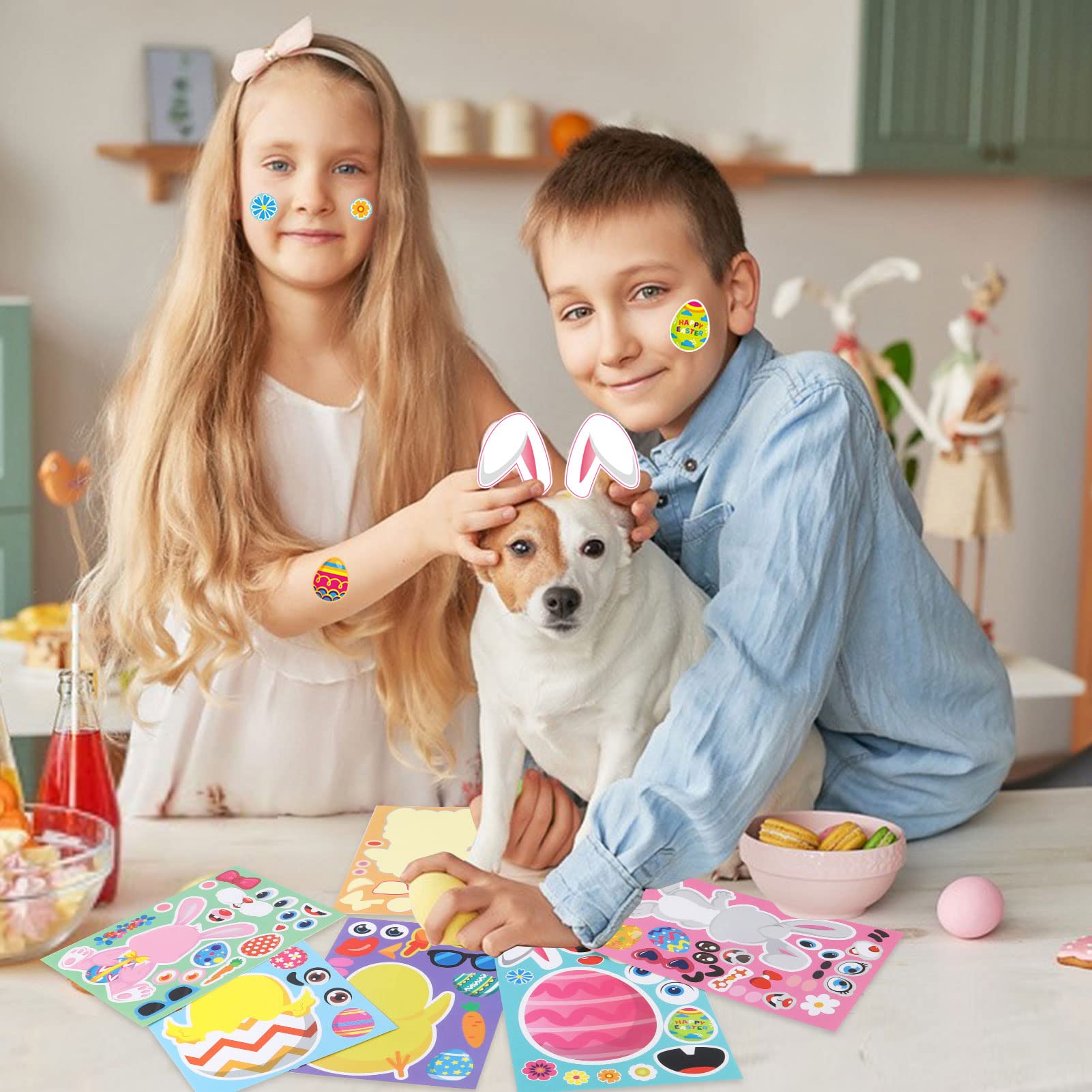 GonLei 24pcs Easter Stickers for Kid, Make-a-face Easter Stickers for Child Easter Egg Farm Animal Rabbit Chicks Sheeps DIY Sticker for Crafts Family Schools Classroom Activities Party Favor Supplies