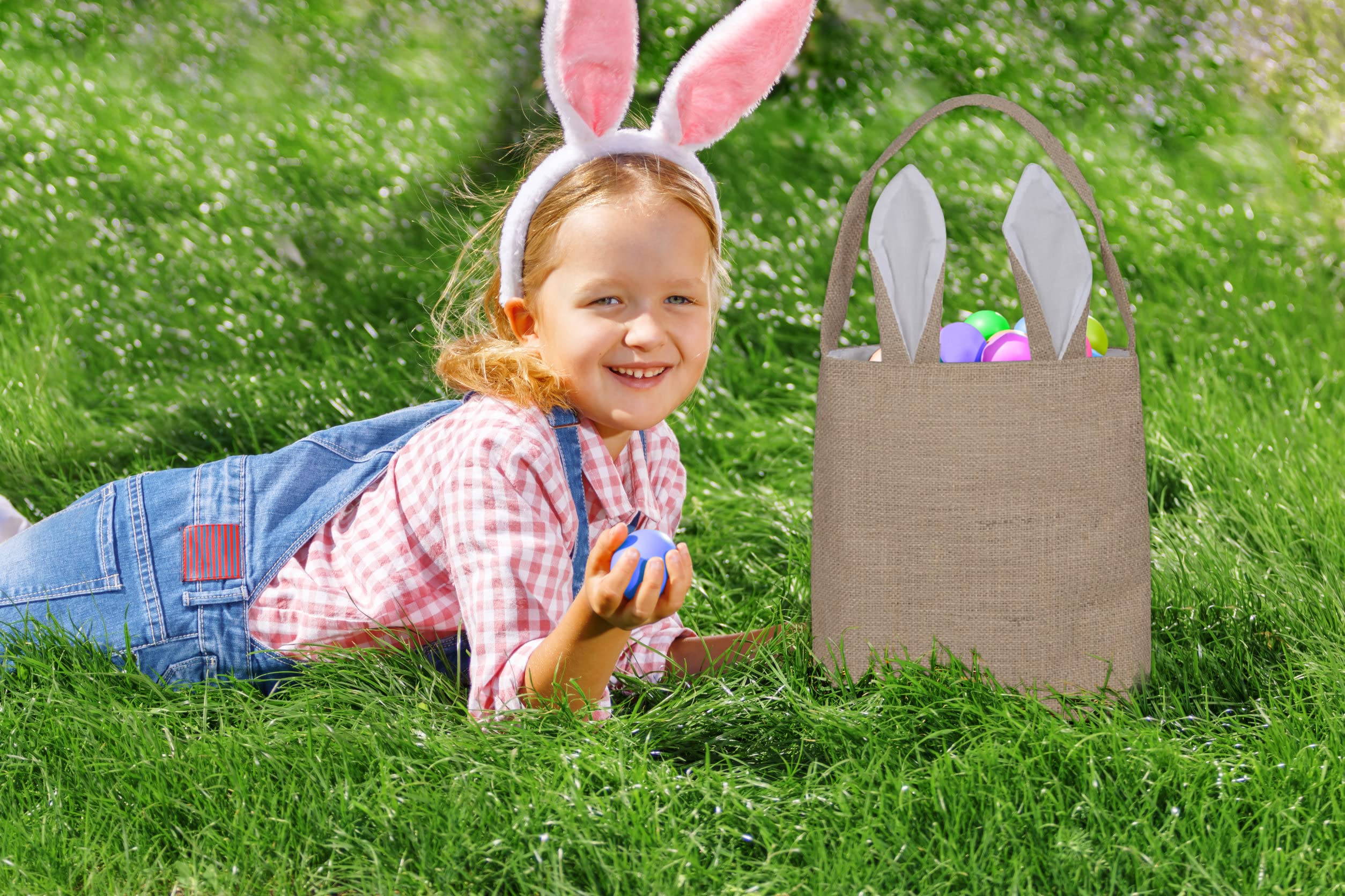 Easter Egg Hunt Basket Bag - Bunny Rabbit Ear Design - Reusable Grocery Shopping Baskets - Kids Party Gift Bags - Baby Shower & Book Storage by Jolly Jon (Burlap/White Ears)