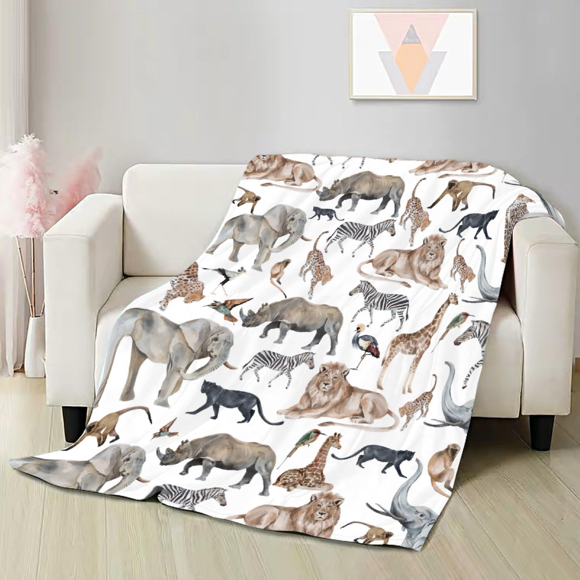 Animal Blanket Gifts for Boys Girls,Woodland Forest Animals Pattern Throws,Soft Plush Elephant Leopard Monkey Lion Hippo Print,Lightweight Quilts for Bed Sofa Decoration 60 x 50in for Teens